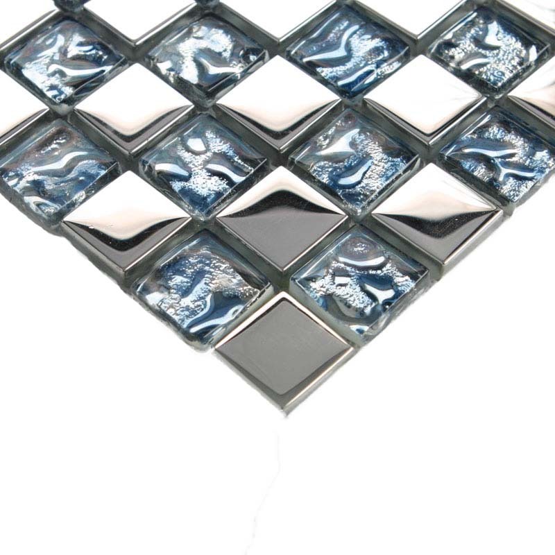 Glossy Glass Tile Silver Blue Mosaic Kitchen Backsplash
