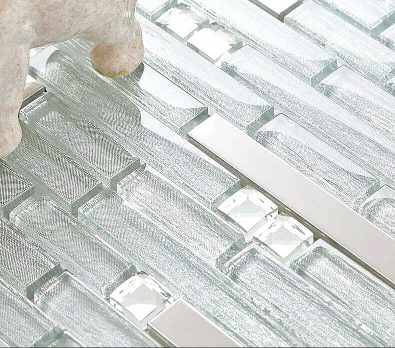 Silver Metal Backsplash Tile Glass & Stainless Steel Linear Mosaic Wall ...