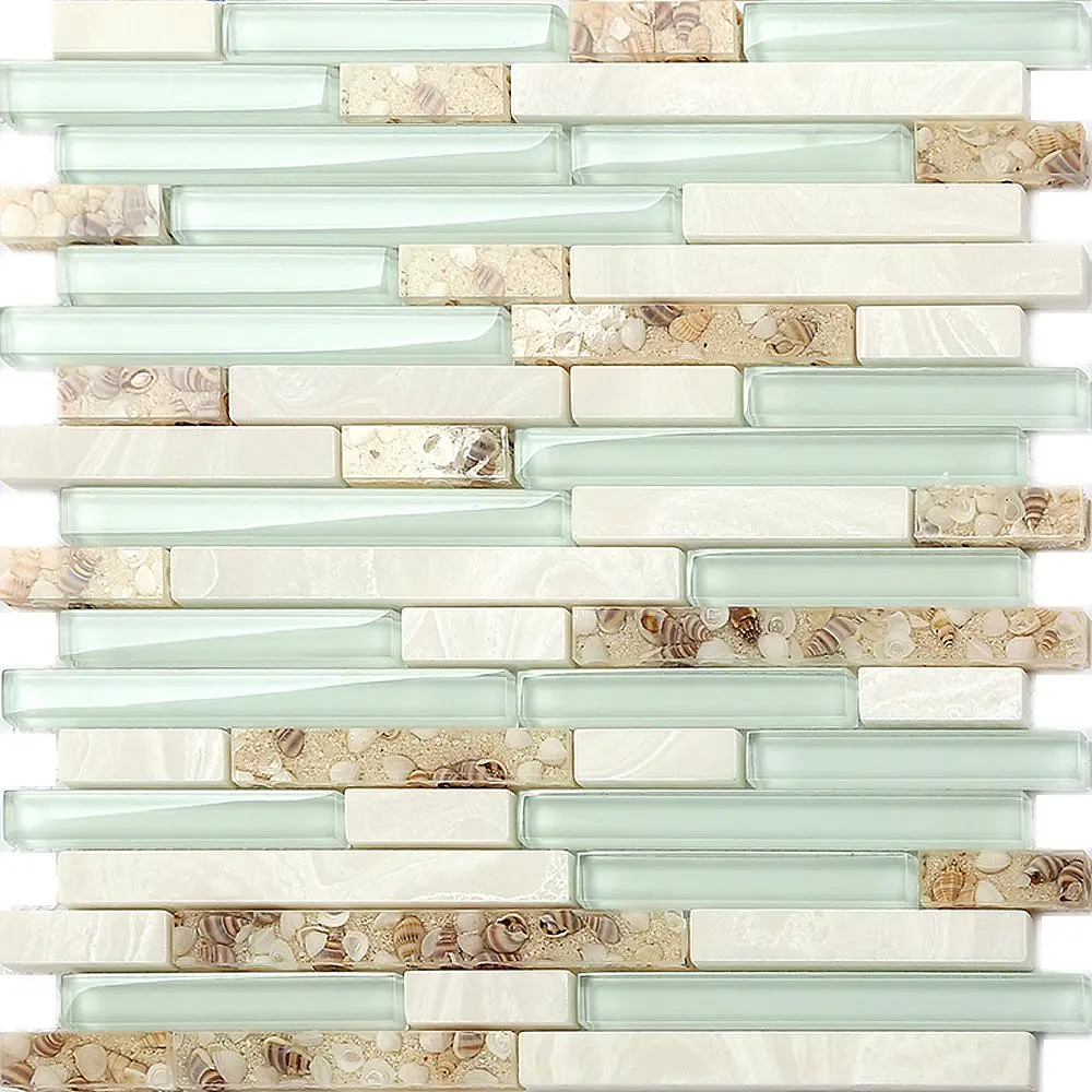 Glass Stone Linear Mosaic Lake Green White Beach House Style Backsplash ...