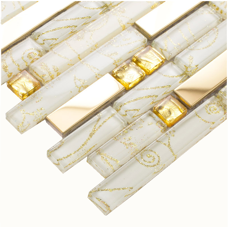 Modern Glass Metal Linear Wall Tile White and Gold Ribbon Mosaic