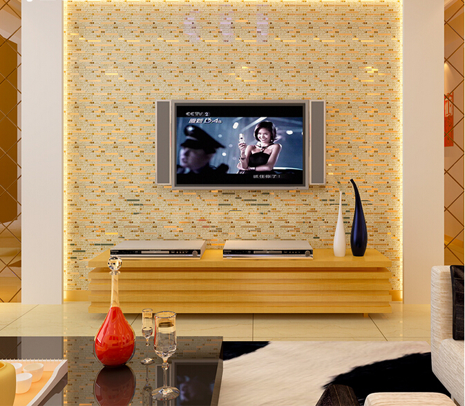 Modern Glass Metal Linear Wall Tile White and Gold Ribbon Mosaic