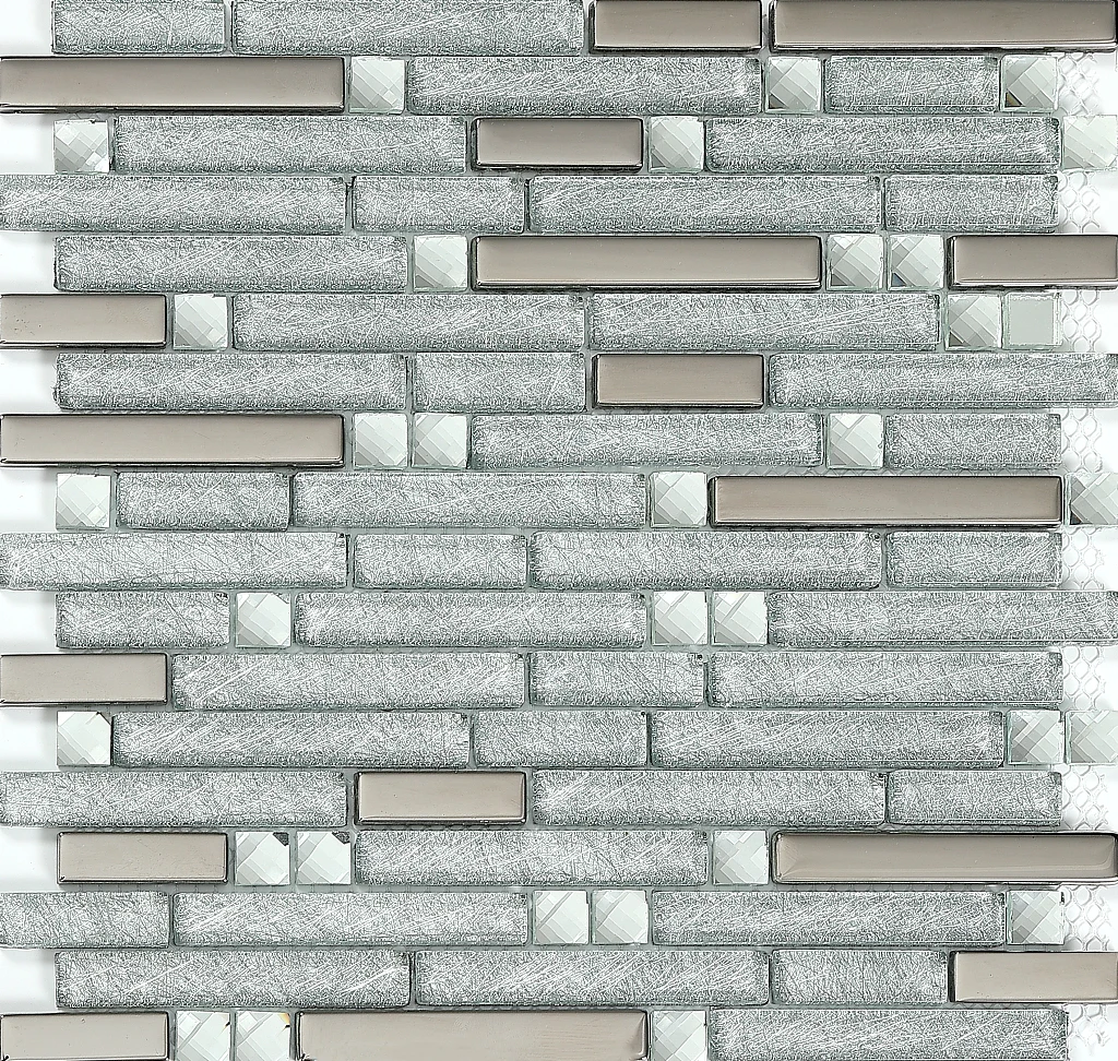 Glossy Glass Linear Mosaic Wall Tiles Silver Shiny Backsplash