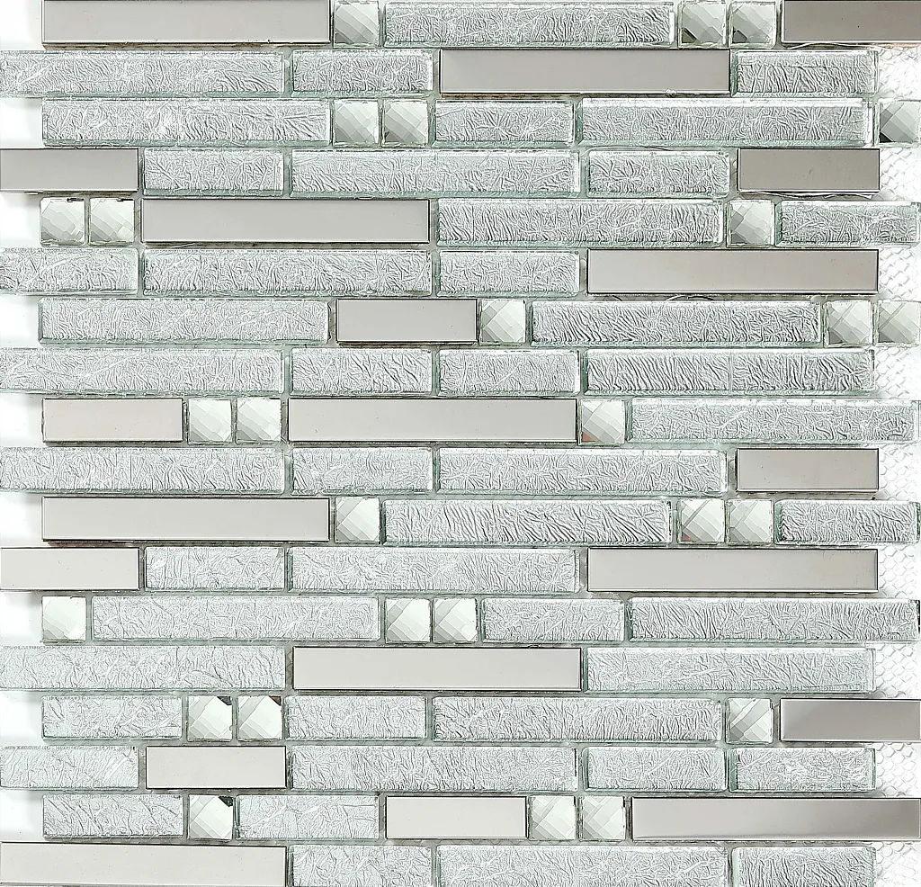 Glass Metal Tile Silver Shiny Backsplash Mosaic Linear Wall Tiles